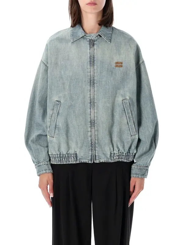 Miu Miu Stonewashed Chambray Oversized Blouson Jacket - Blu