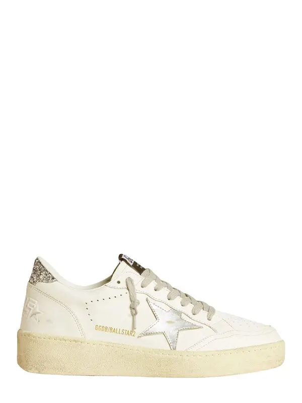 GOLDEN GOOSE Vintage Effect Leather Ball Star Sneakers With Metallic Star And Glitter Heel Tab - Silver