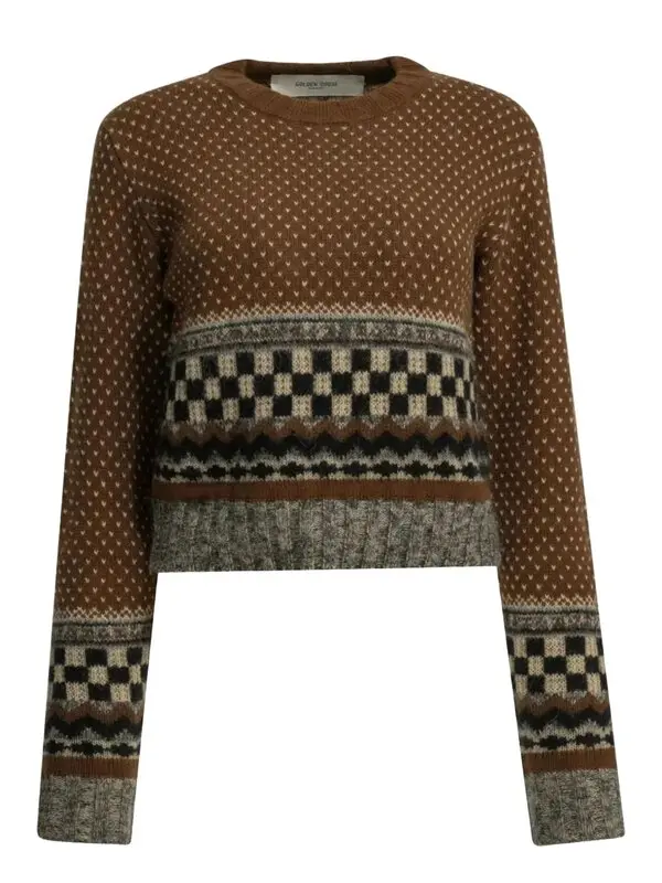 GOLDEN GOOSE Crewneck Wool-alpaca Knit Sweater With Geometric Jacquard - Brown