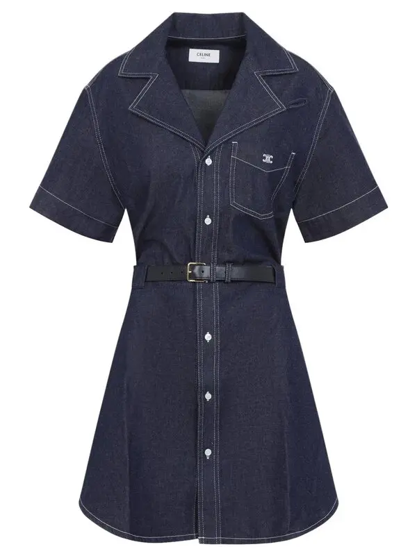 Celine Denim Mini Shirt Dress With Belt - Blue