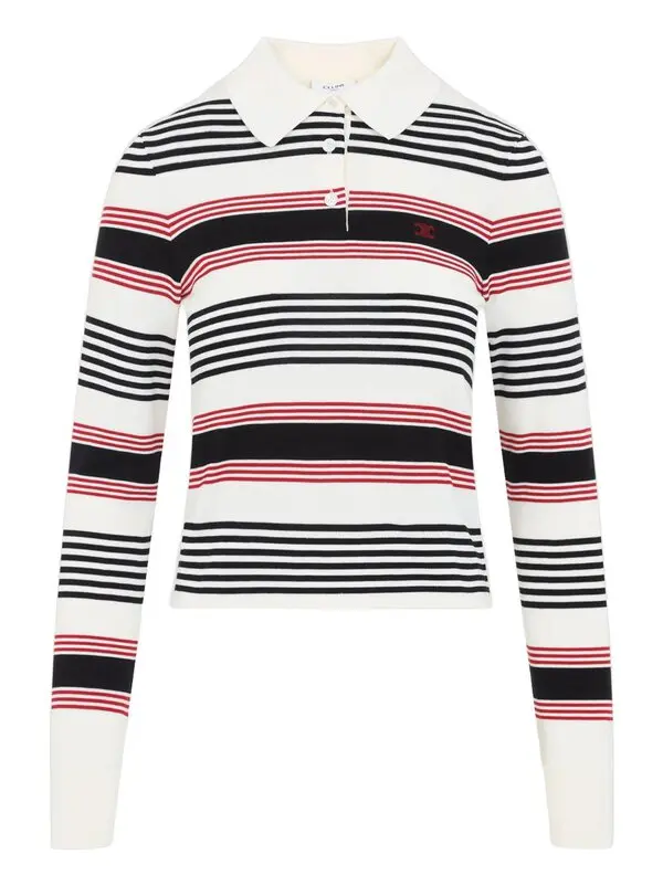 Celine Striped Cotton Polo Sweater - White