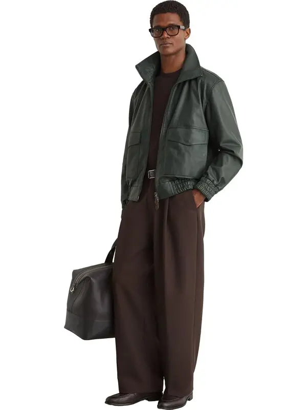 REISS Trinity Leather Bomber Jacket - Dark Green