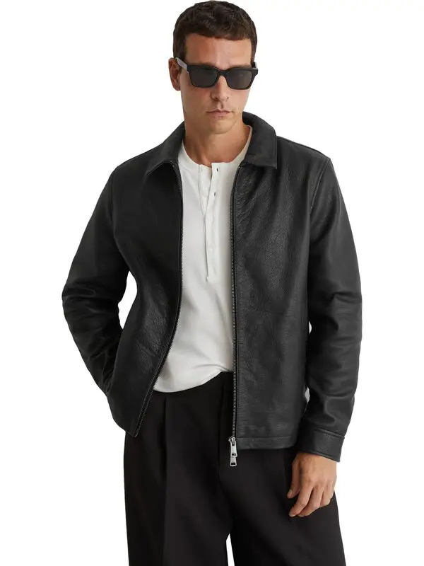 REISS Leather Collared Zip-through Jacket - Black