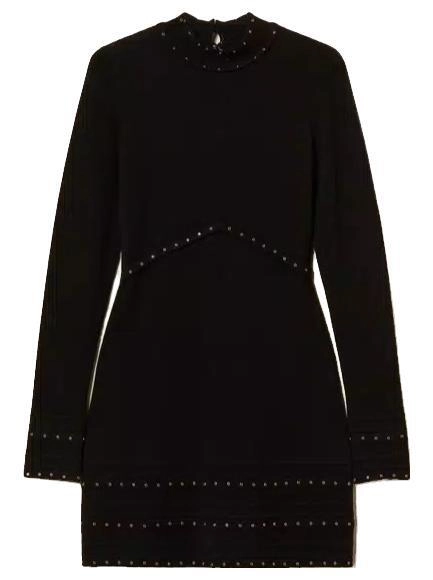 TWINSET Studded Funnel Neck Knit Mini Dress - Black