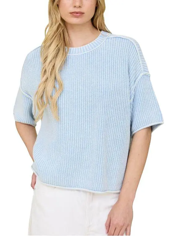 J.O.A. Rib Knit Raw Edge Cotton Blend Sweater - Light Blue