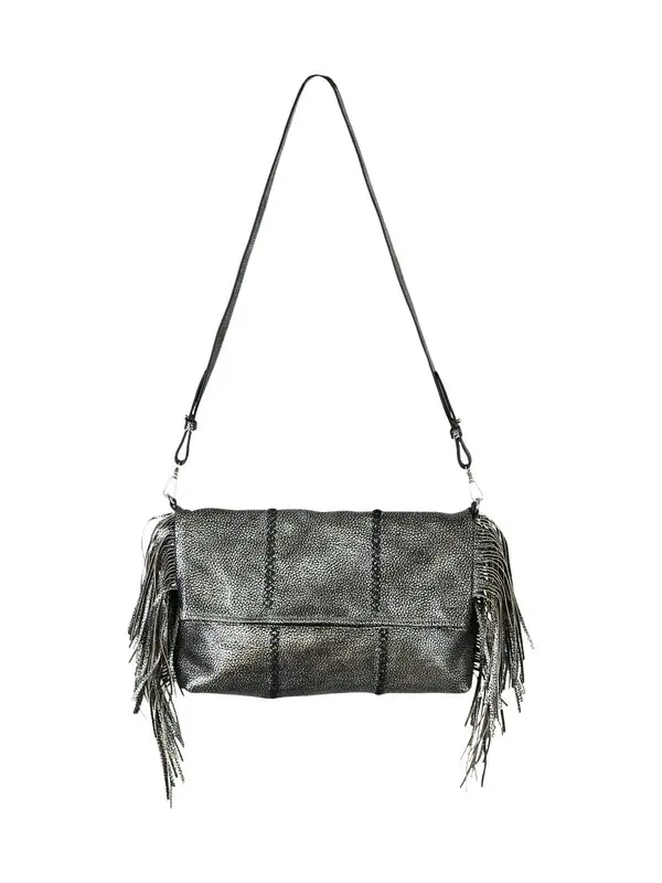 Carlos Falchi Fringe Leather Crossbody Messenger Bag - Silver