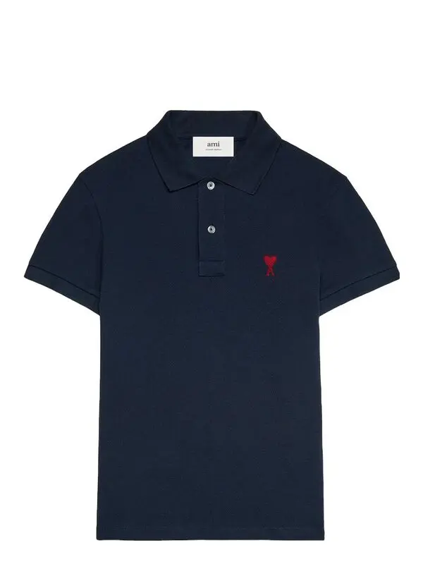 AMI Paris Logo Embroidered Short-sleeved Polo Shirt - Black
