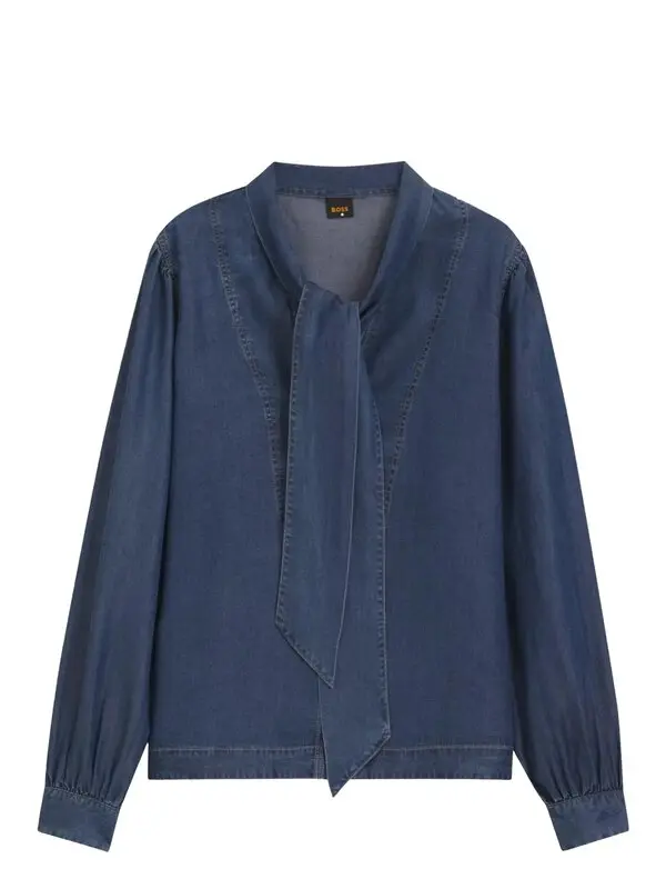 Hugo Boss Denim-look Blouse With Tie Neck Detail - Blue