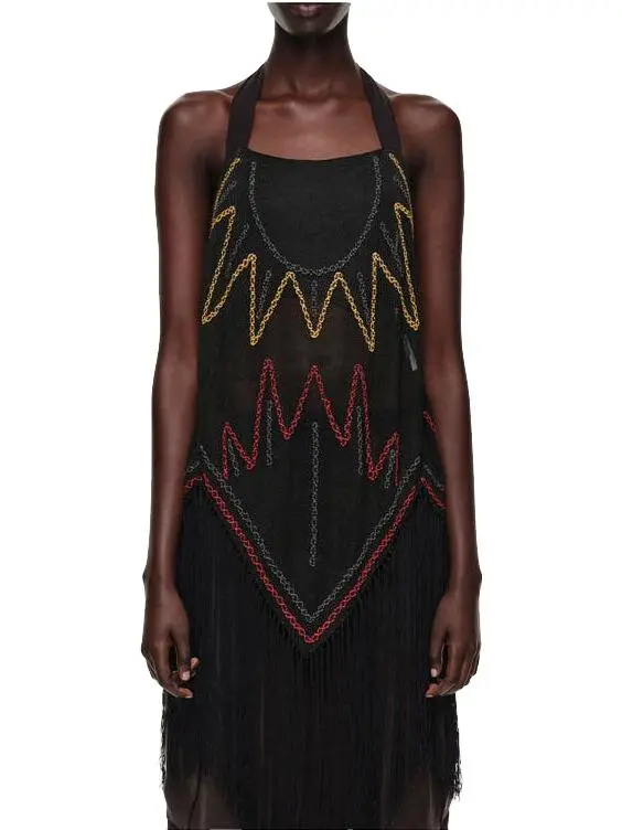 Bimba Y Lola Embroidered Knit Halter Top With Fringing - Black
