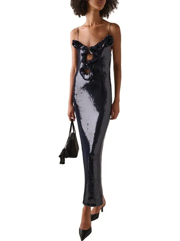 Magda Butrym Sequined Rose-detailed Cutout Midi Dress - Navy