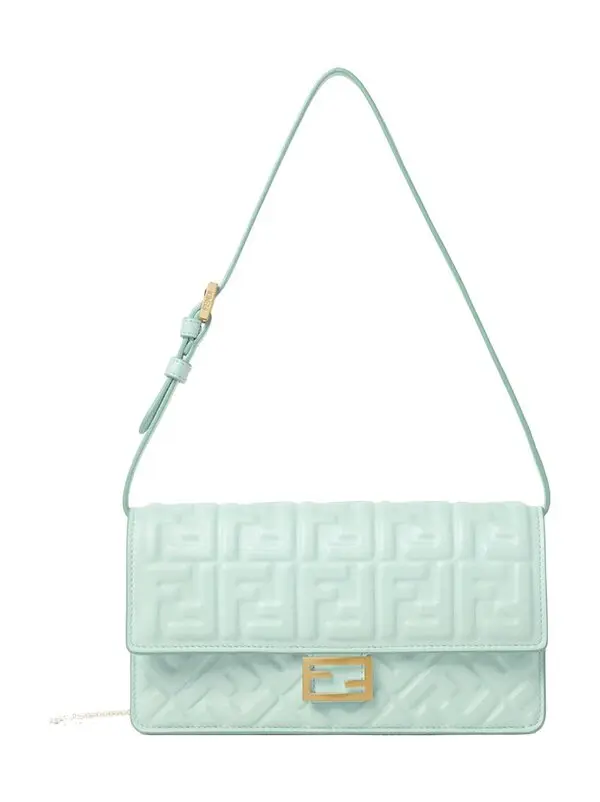 Fendi Baguette Wallet On Chain In Nappa Leather With Ff Motif - Green