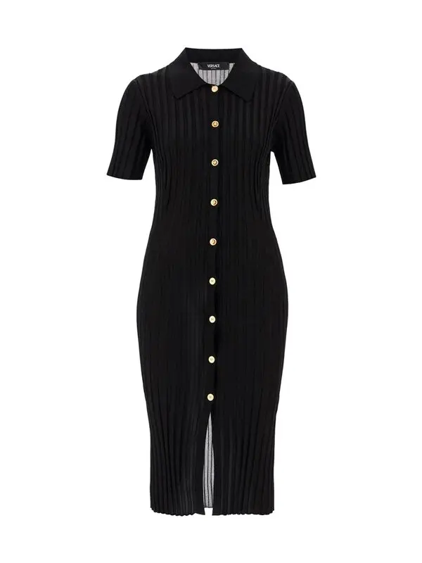 Versace Knitted Mini Dress With Medusa Logo Buttons - Black