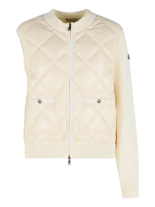 Moncler Tricot Cotton Cardigan With Quilted Front And Ribbed Details - Cream
