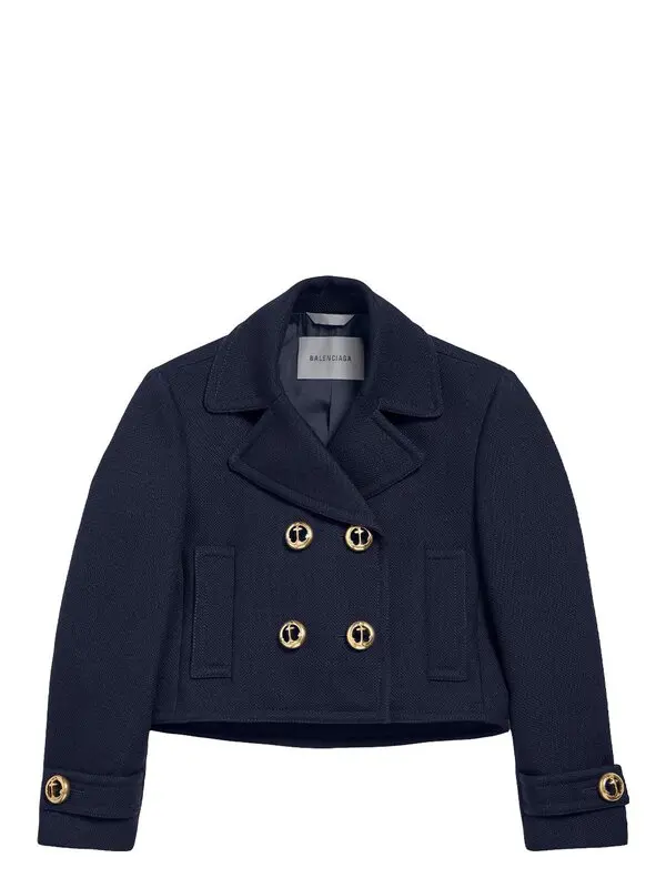 Balenciaga Cropped Textured Wool Peacoat - Blue