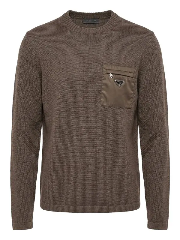 Prada Wool Knit Sweater With Nylon Patch Pocket - Brown