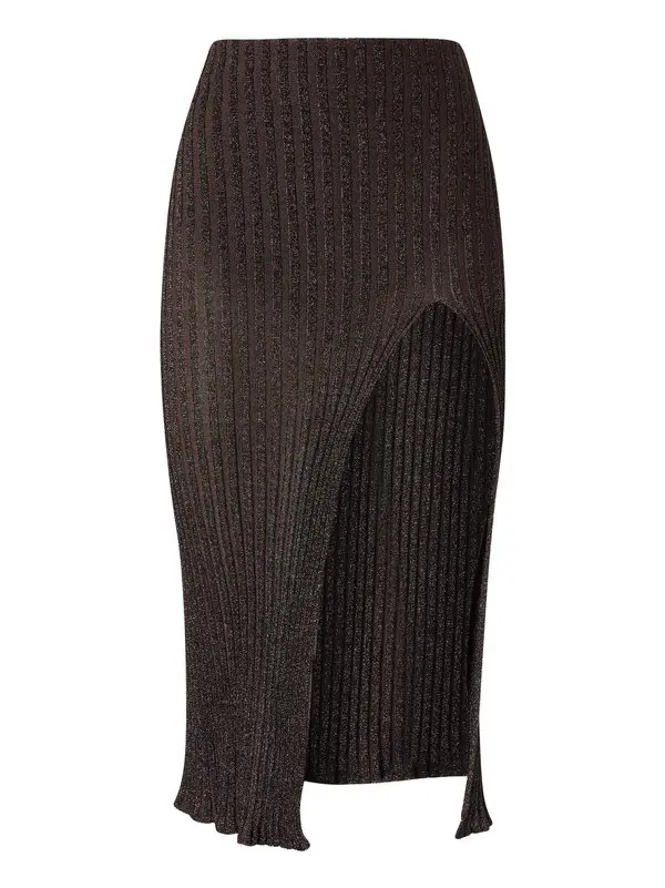 Missoni Ribbed Viscose Lamé Midi Skirt With Slit - Brown