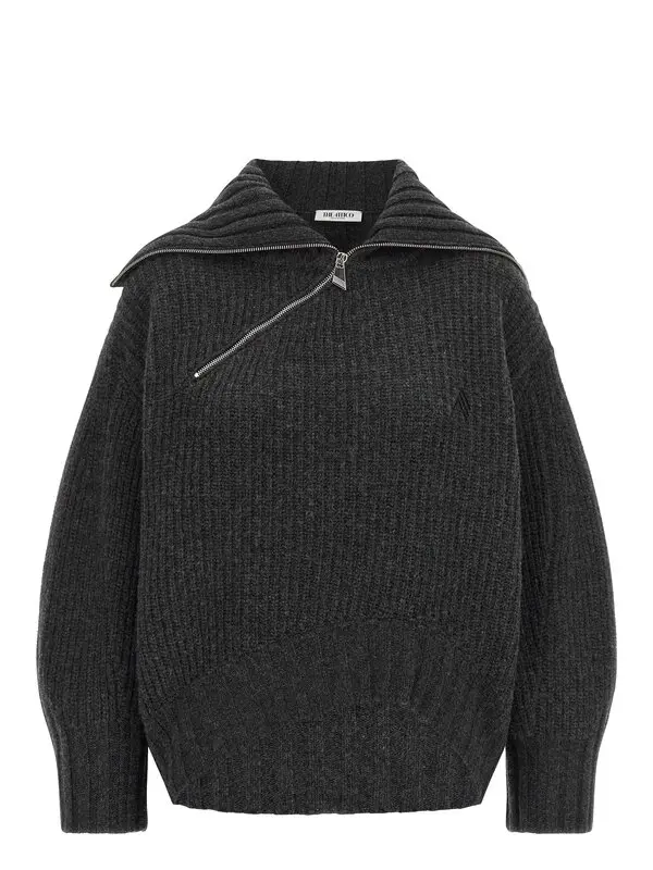 Attico Ribbed Virgin Wool And Cashmere Sweater With Asymmetrical Zip - Gray