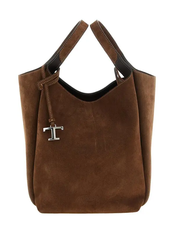 TOD'S Suede Bucket Bag With Silver T-pendant - Brown