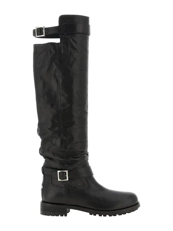 JIMMY CHOO Biker Kb Knee-high Leather Boots With Buckle Detailing - Black