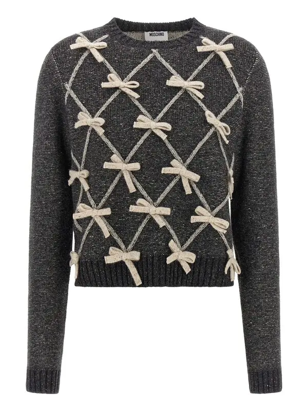 Moschino Bow Embellished Diamond Knit Sweater - Gray
