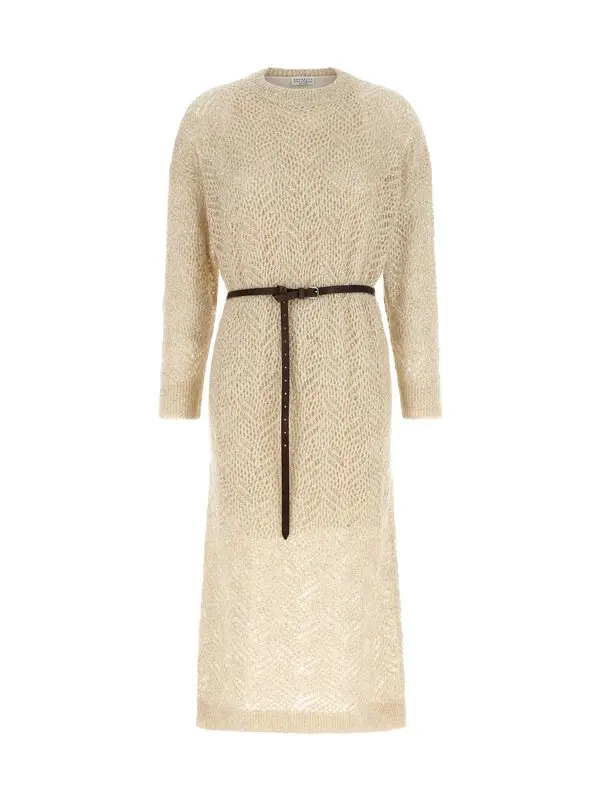 Brunello Cucinelli Perforated Knit Midi Dress With Sequins And Belt - Cream