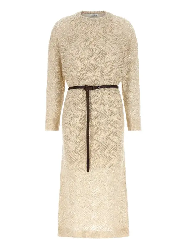 Brunello Cucinelli Perforated Knit Midi Dress With Sequins And Belt - Cream