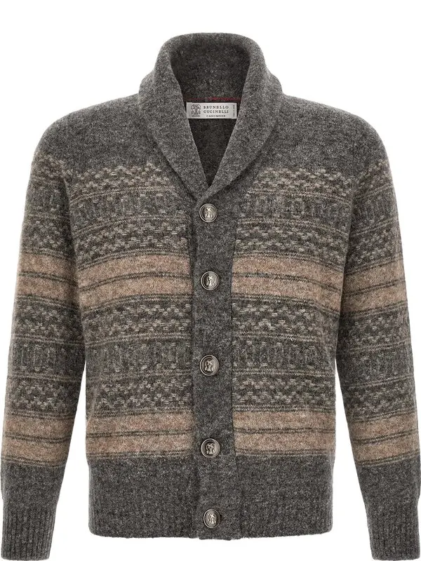 Brunello Cucinelli Nordic Jacquard Shawl Collar Alpaca, Cashmere, And Wool Blend Cardigan - Gray