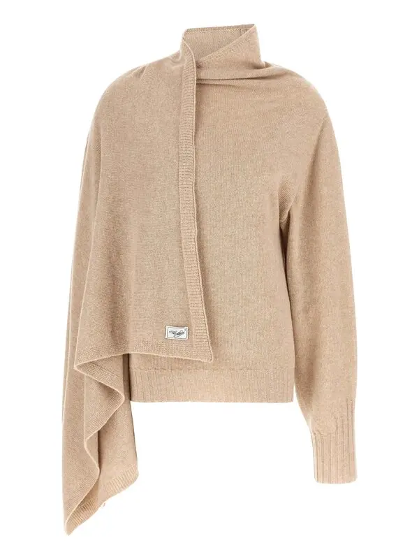 Attico Cashmere Sweater With Asymmetrical Drape And Scarf Neck - Cream