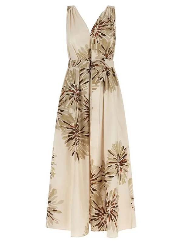 Brunello Cucinelli Sleeveless V-neck Floral Print Cotton Poplin Midi Dress - Cream