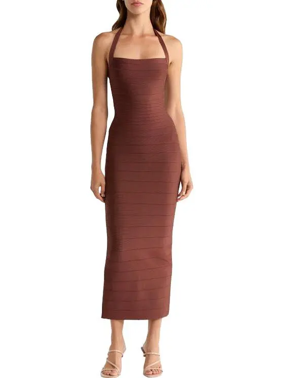 House Of Cb Halterneck Ribbed Midi Dress - Chocolate