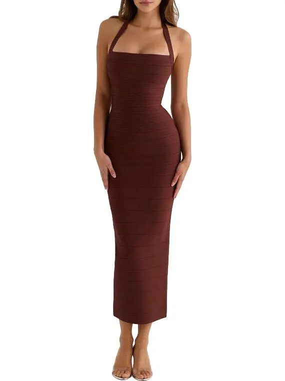 House Of Cb Halterneck Ribbed Midi Dress - Chocolate