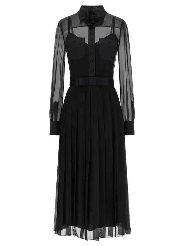 Dolce & Gabbana Chiffon Midi Dress With Floral Appliqu - Black