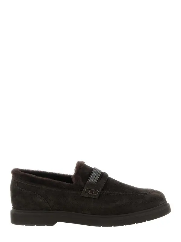 Brunello Cucinelli Suede Shearling Lined Loafers With Monile Detail - Brown