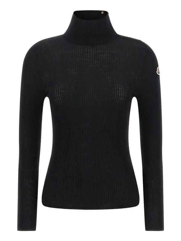 Moncler Ribbed Virgin Wool Turtleneck Sweater With Gold Snap Button Detail - Black