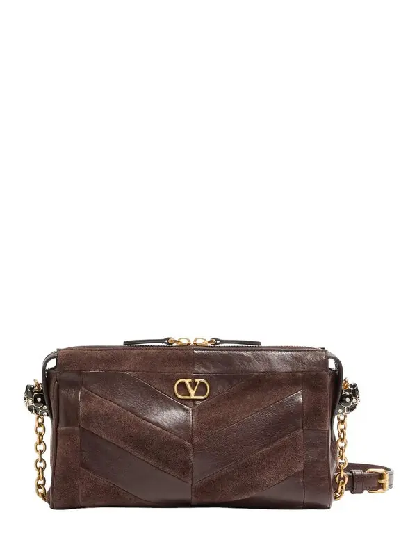 Valentino Garavani Small Shoulder Bag In Suede And Nappa Chevron - Brown