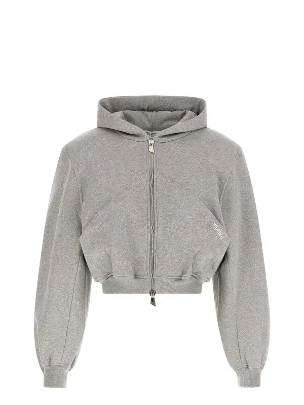 Attico Cropped Zip-up Hoodie With Contrast Stitching And Embroidered Logo - Gray