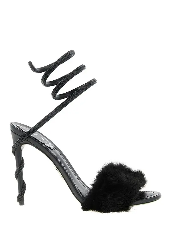 Rene Caovilla Leather Crystal Embellished Spiral Ankle Strap Stiletto Sandals - Black
