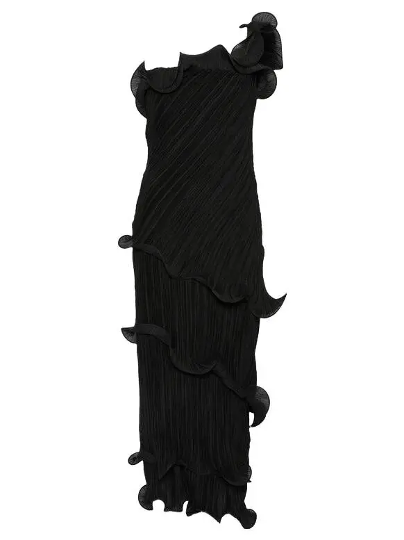 Cult Gaia Plissé One-shoulder Ruffled Tiered Dress - Black