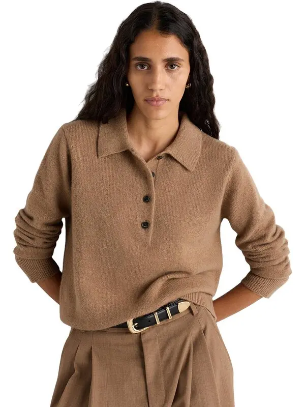 Quince Mongolian Cashmere Button Polo Sweater - Teak