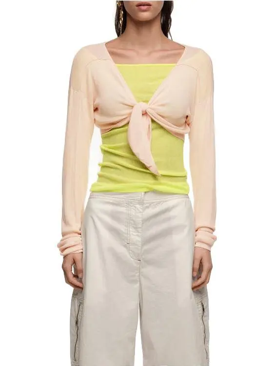 Bimba Y Lola Short Ribbed Cardigan With Knot Detail - Peach