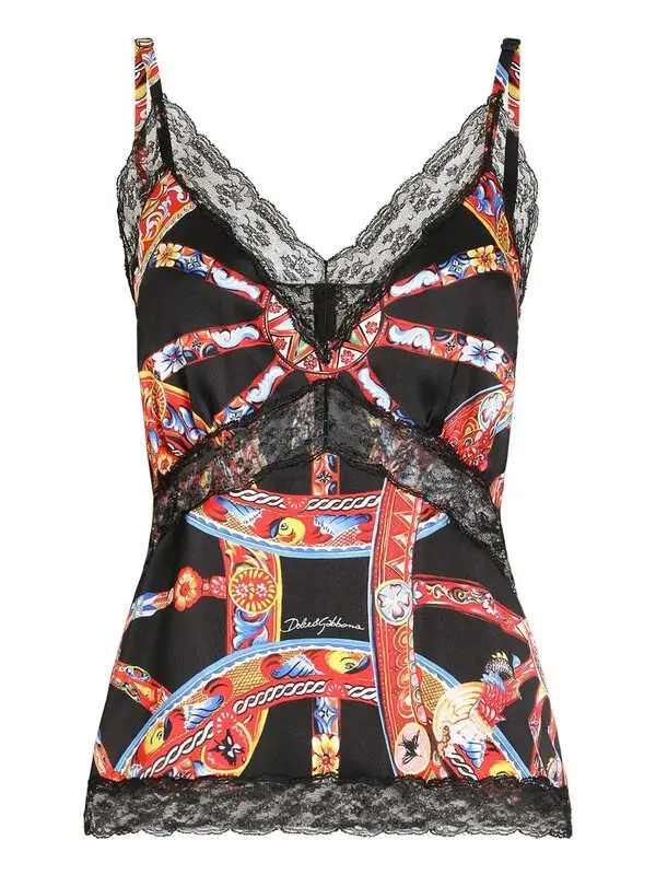 Dolce & Gabbana Carretto-print Silk Satin Top With Lace Trim - Multicolor