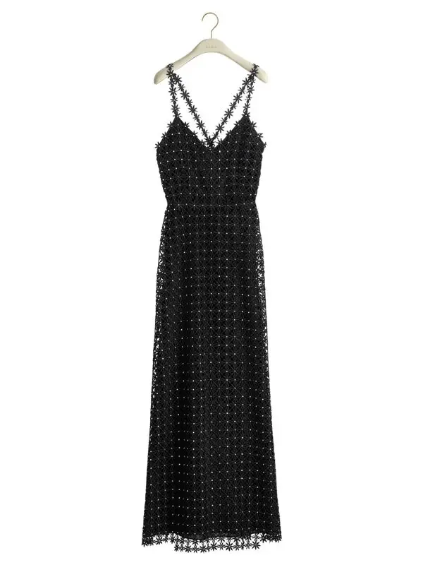 Dior Dioriviera Embroidered Crystal Embellished Lace Maxi Dress - Black