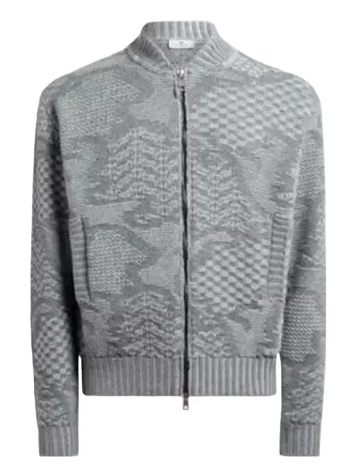 Etro Knit Wool-blend Bomber Jacket With Motif - Grey