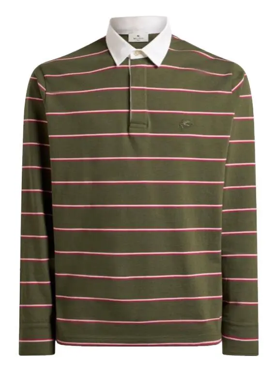 Etro Long-sleeved Cotton Polo Shirt With Shirt Collar And Striped Motif - Green
