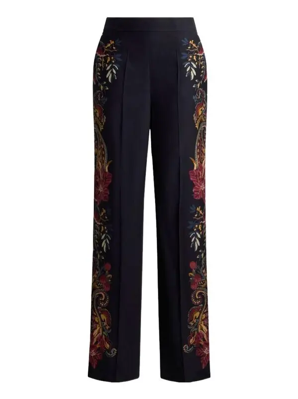 Etro Silk Trousers With Placed Floral Paisley Print - Black