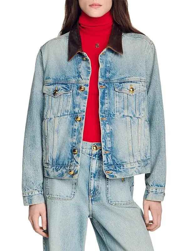 Sandro Denim Jacket With Leather Collar - Blue Jean