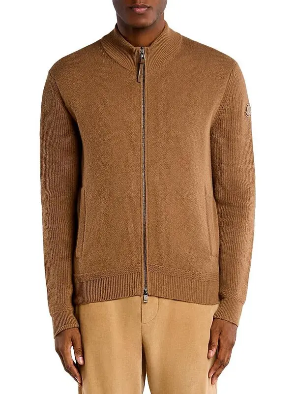 Moncler Zip-up Cardigan In Virgin Wool And Cashmere Blend - Brown