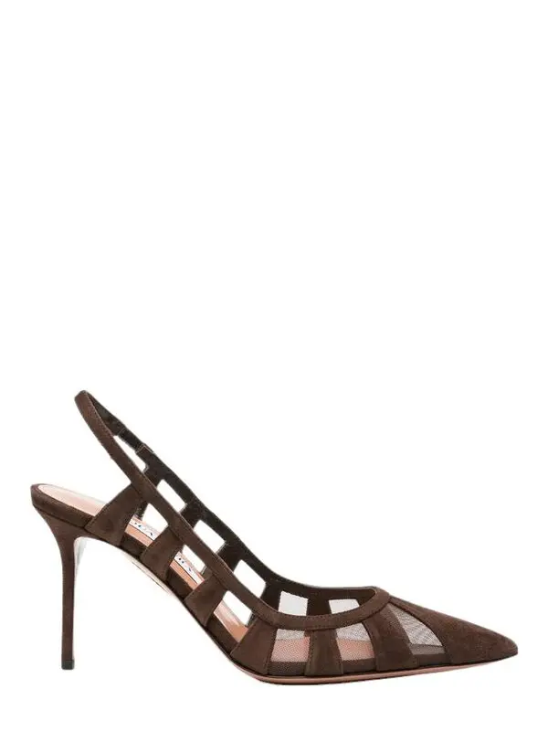 AQUAZZURA Suede Mesh Panelling Pointed Toe Slingback Stiletto Heel - Brown