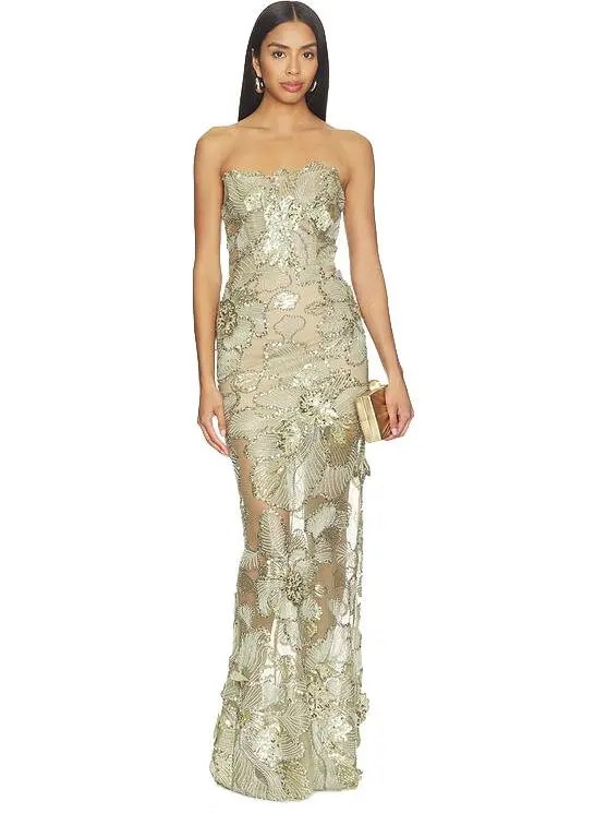 BRONX BANCO Sequin Floral Embellished Strapless Maxi Dress - Sage