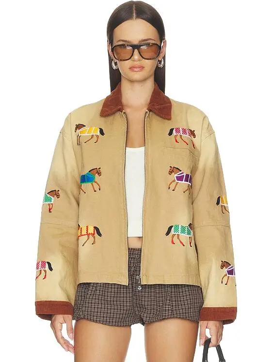 FOUND Lariat Horse Embroidered Work Jacket - Light Beige